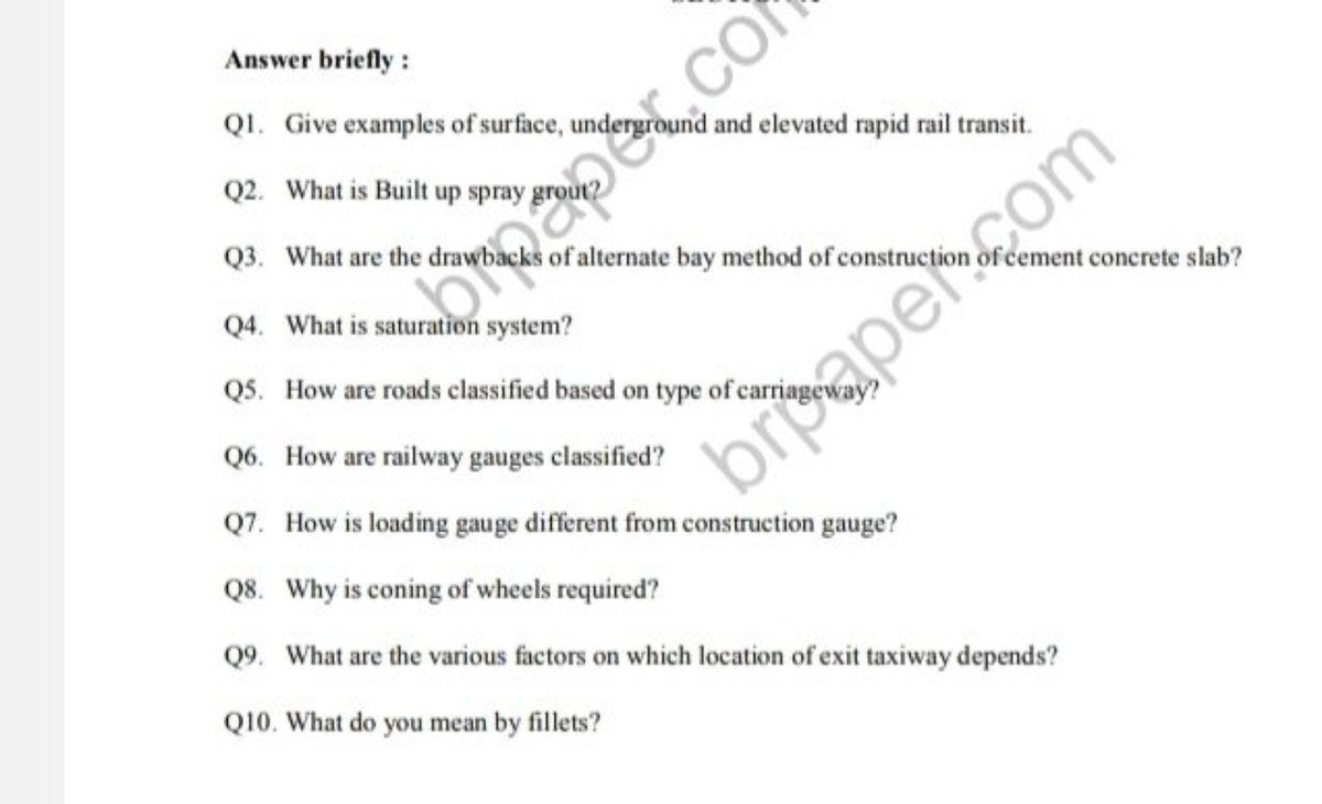 Answer briefly: Q1. Give examples of surface, underground and elevated r..