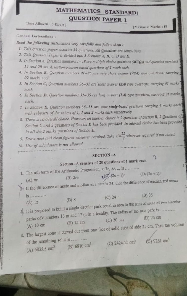 Here are some questions from a Mathematics (Standard) Question Paper 1: