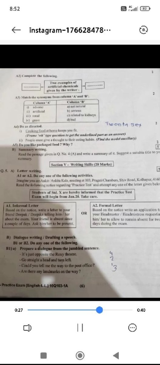 A2) Complete the following. Two examples of artificial chemicals given by..
