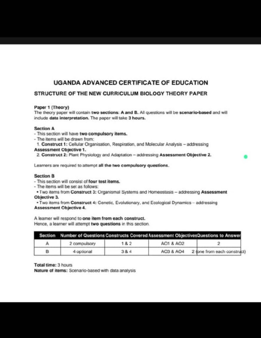 UGANDA ADVANCED CERTIFICATE OF EDUCATION STRUCTURE OF THE NEW CURRICULUM