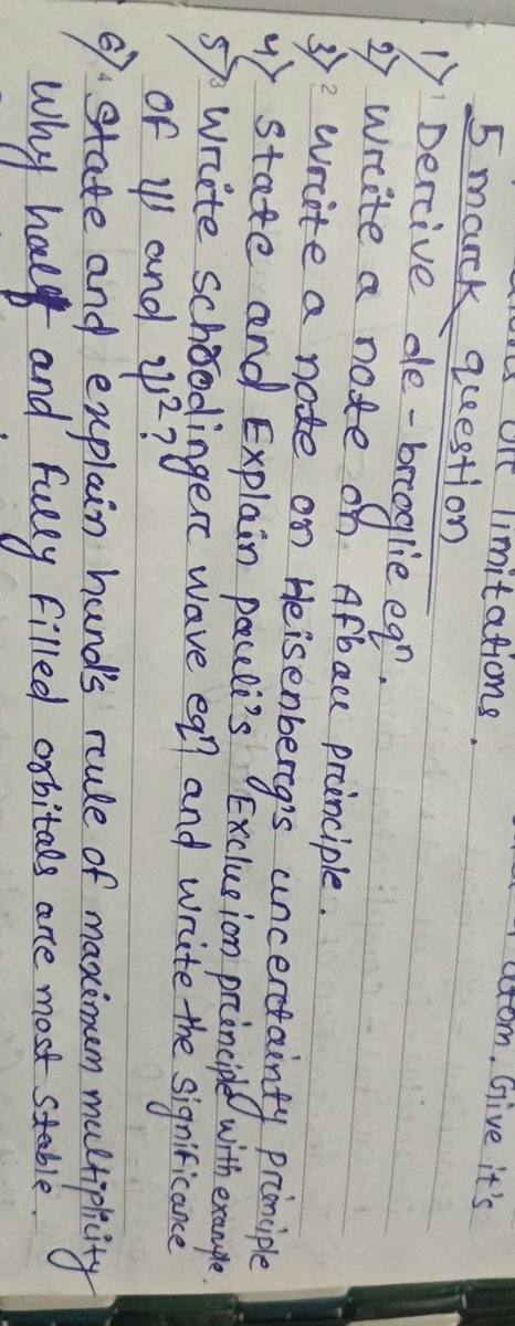 Here are a few questions related to atomic structure and quantum mechanic..