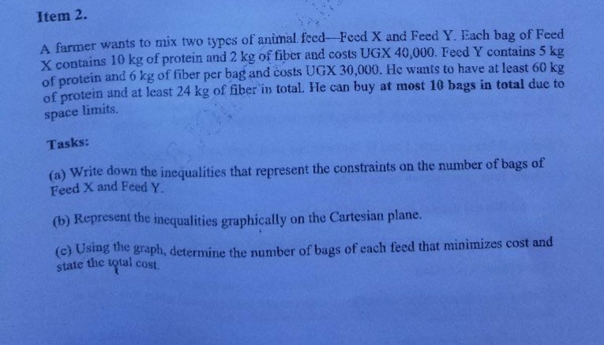 Item 2. A farmer wants to mix two types of animal feed—Feed X and Feed Y...