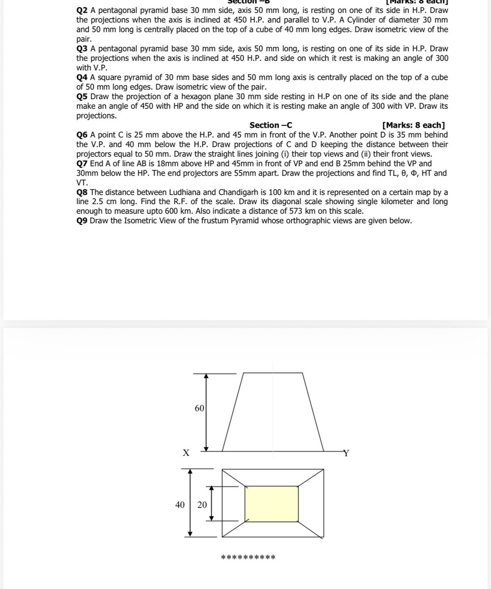 Q2 A pentagonal pyramid base 30 mm side, axis 50 mm long, is resting on o..