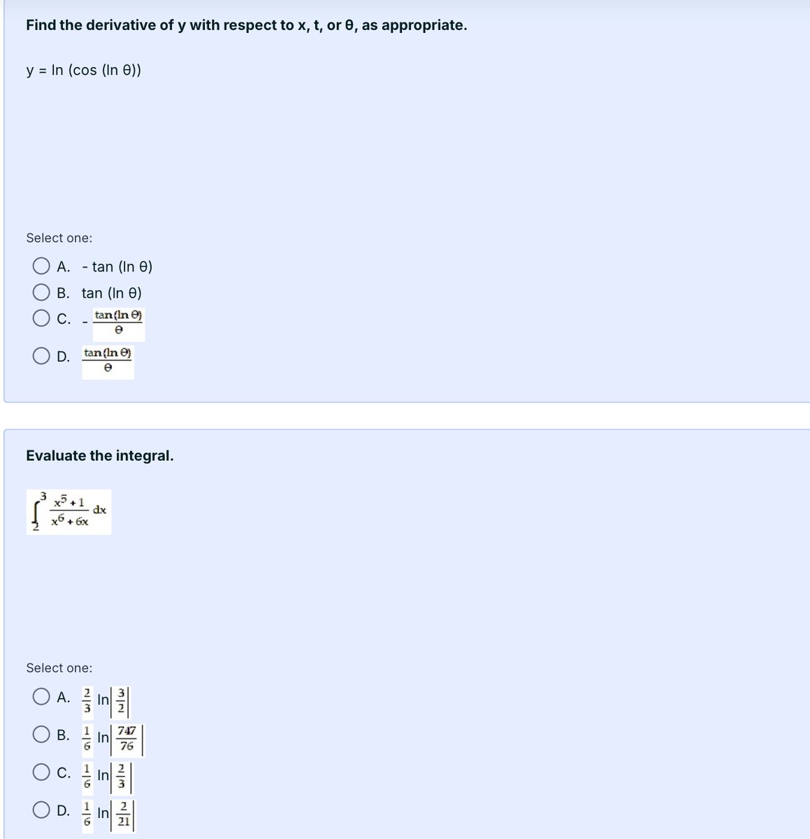 Find the derivative of y with respect to x, t, or θ, as appropriate. y