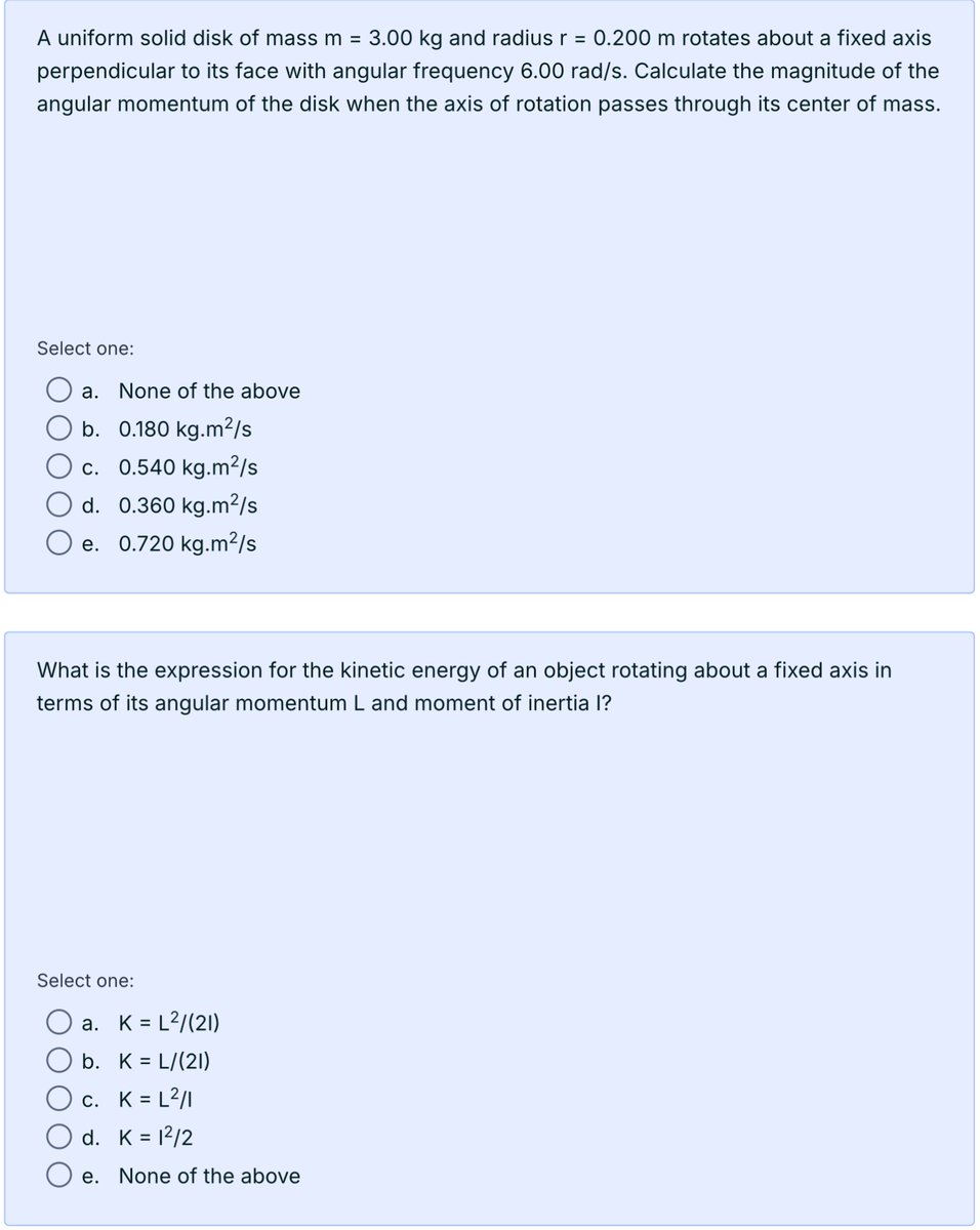A uniform solid disk of mass m = 3.00 kg and radius r = 0.200 m rotates a..