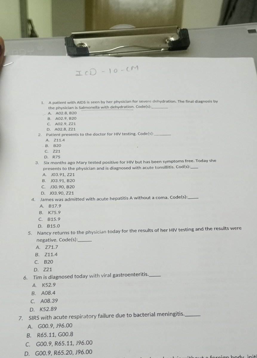 ICD-10-CM A patient with AIDS is seen by her physician for severe dehydr..