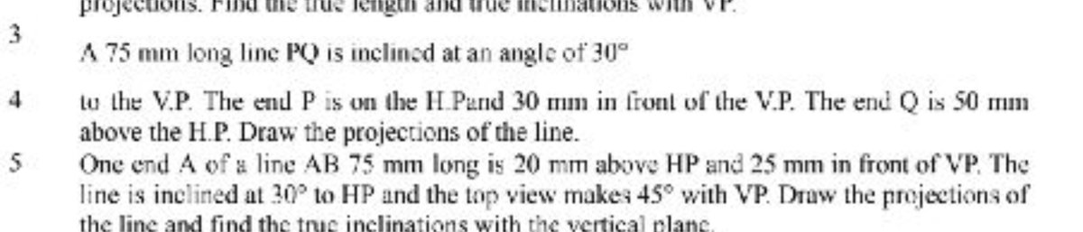 A 75 mm long line PQ is inclined at an angle of 30° to the V.P. The end P..