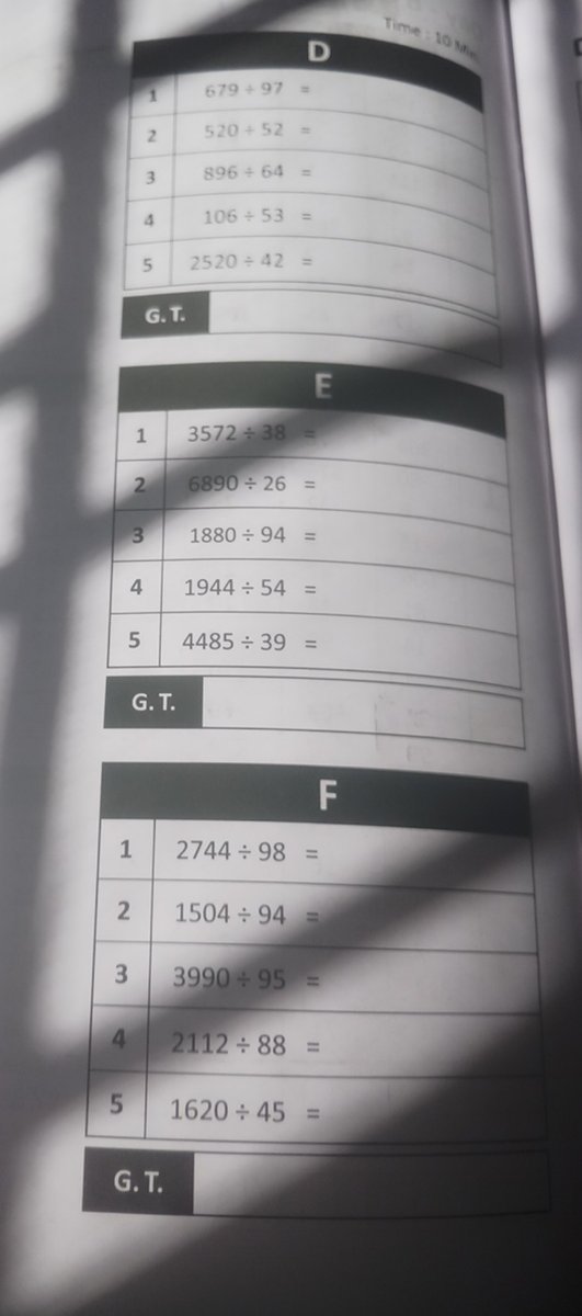 Solve the following division problems: D 679 ÷ 97 = 520 ÷ 52 = 896 ÷ 64