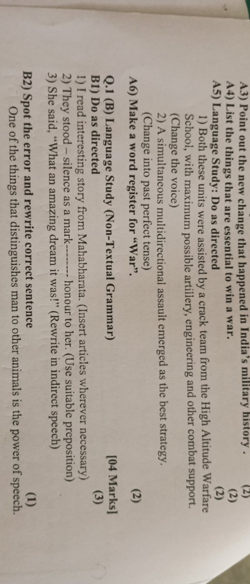 Q.1 (B) Language Study (Non-Textual Grammar) B1) Do as directed [04 Marks..