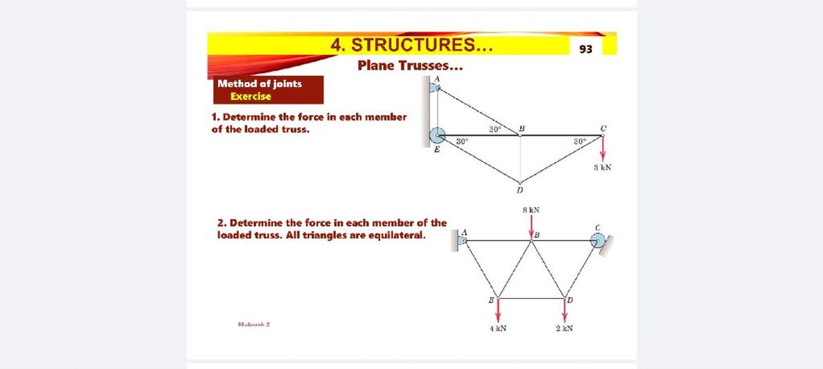 4. STRUCTURES... Plane Trusses... Method of joints Exercise Determine th..