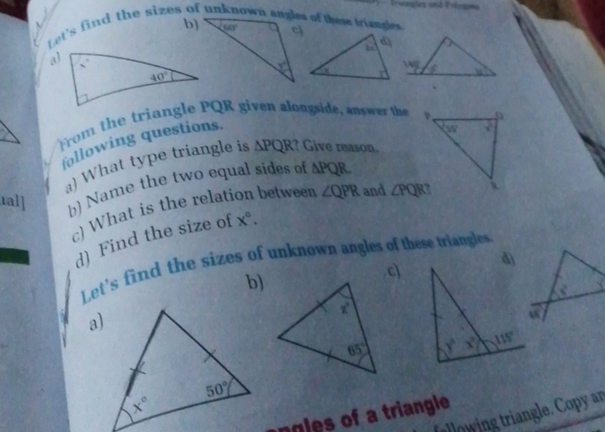 Let's find the sizes of unknown angles of these triangles. a) b) c) d) F..