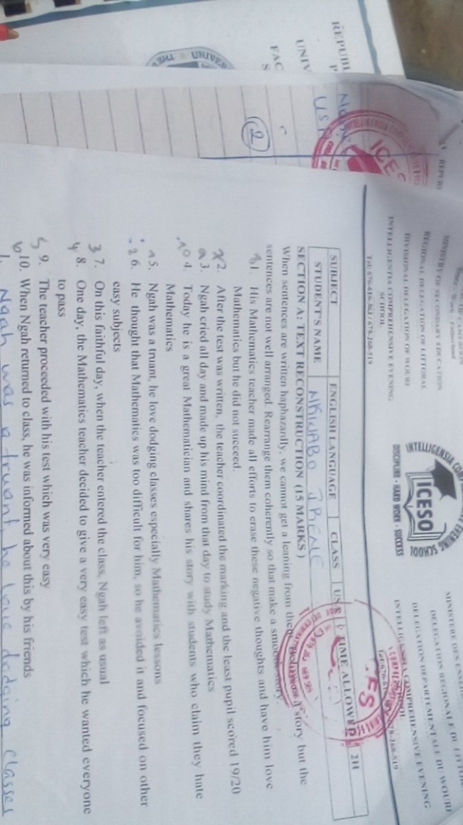 SECTION A: TEXT RECONSTRUCTION (15 MARKS) When sentences are written hap..
