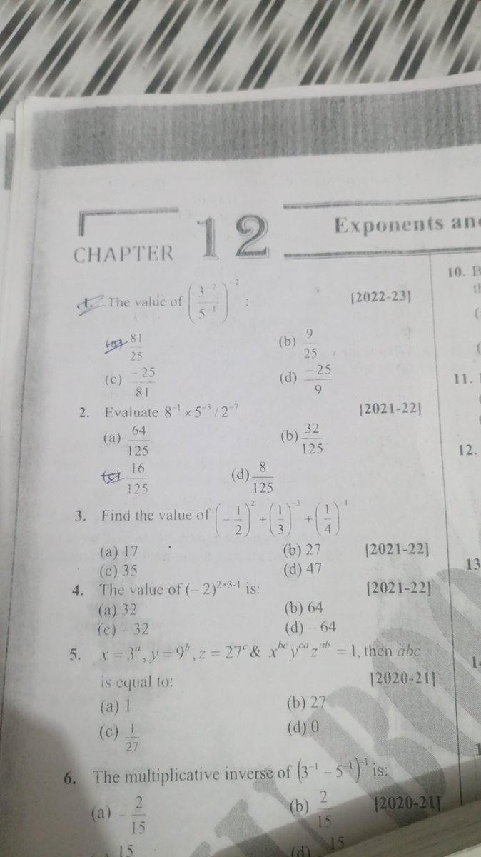 The value of (\frac{3}{5})^{-2} is: (a) \frac{81}{25} (c) -\frac{25..