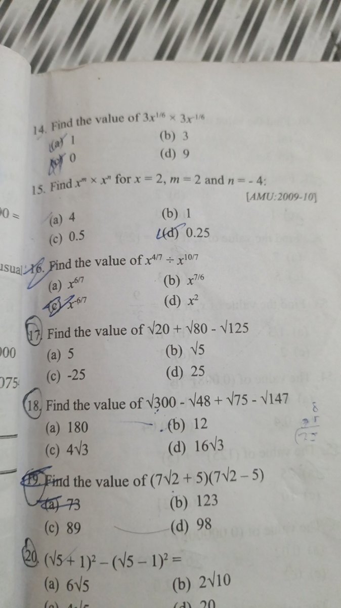 Find the value of 3x^{1/6} \times 3x^{-1/6} (a) 1 (b) 3 (c) 0 (d) 9 Find..