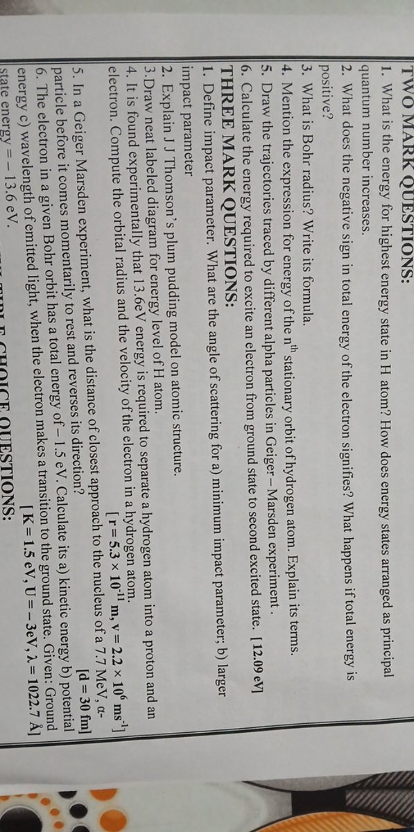 TWO MARK QUESTIONS: What is the energy for highest energy state in H atom..