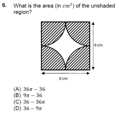 What is the area (in cm²) of the unshaded region? (A) 36π – 36 (B) 9π