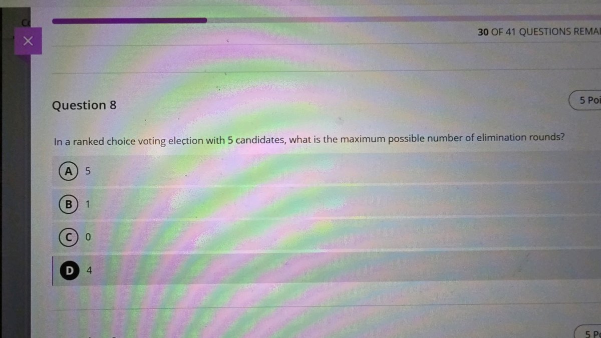 In a ranked choice voting election with 5 candidates, what is the maximum..