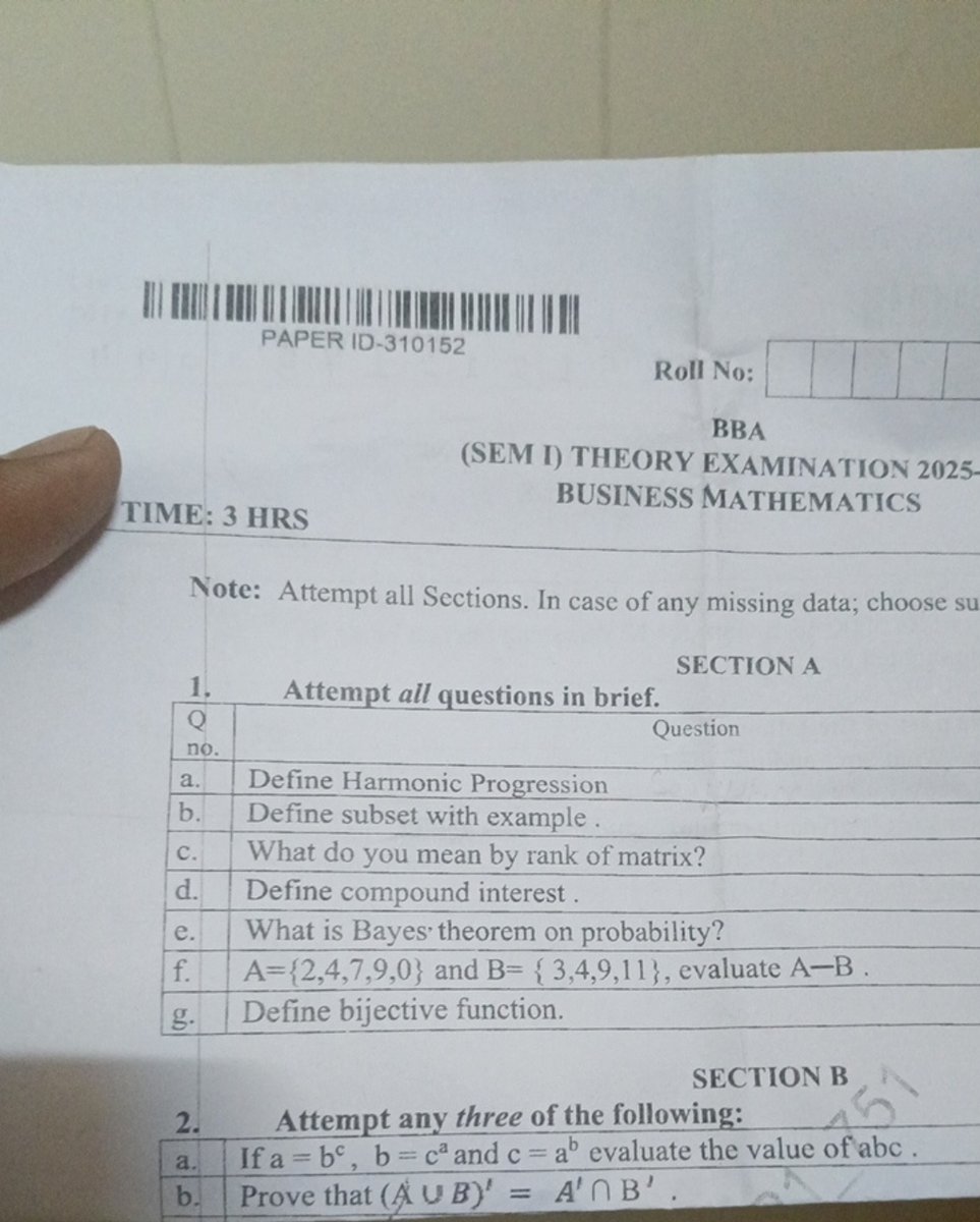 Here is a question paper for BBA (SEM I) THEORY EXAMINATION 2025- BUSINES..