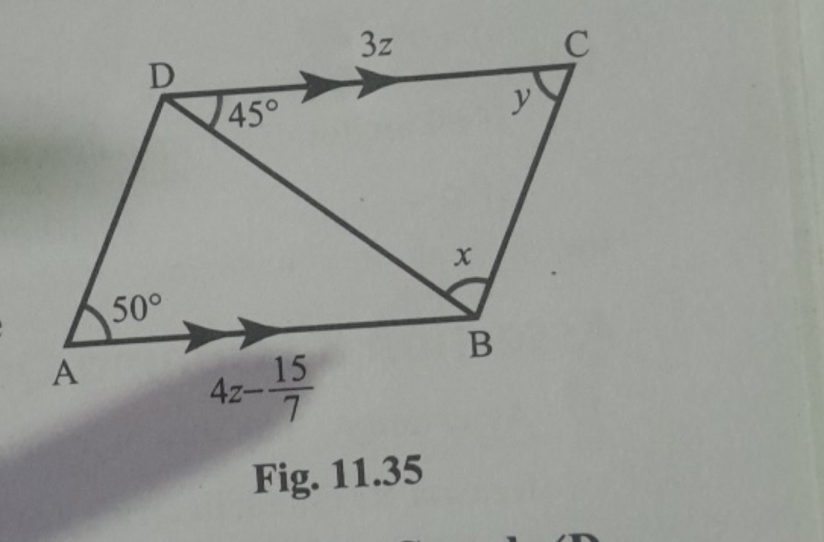 The image shows a quadrilateral ABCD with angles and side lengths given i..