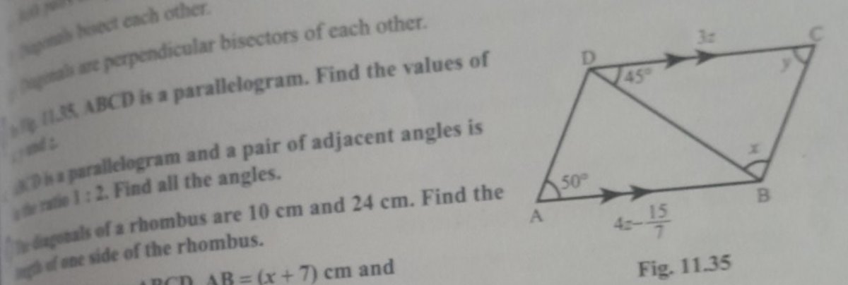 In Fig. 11.35, ABCD is a parallelogram. Find the values of x, y, and z. I..