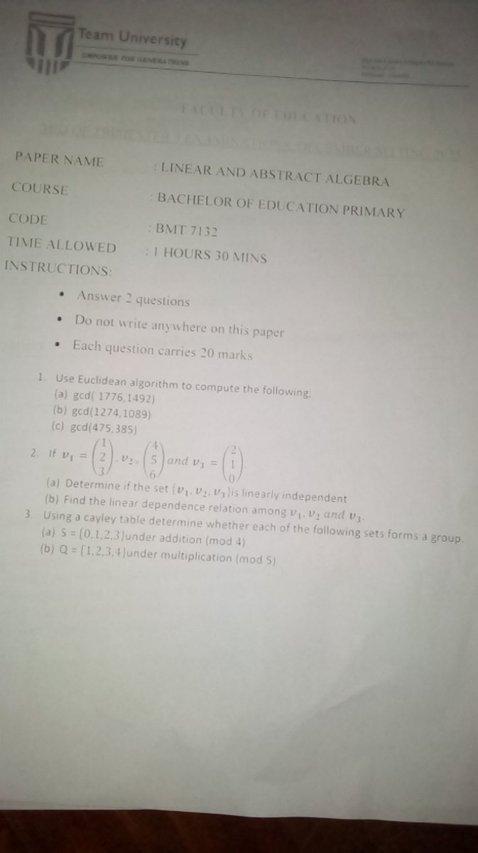 Here's the question image PAPER NAME: LINEAR AND ABSTRACT ALGEBRA COURSE..