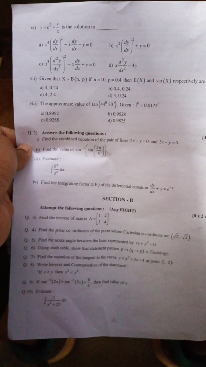 Q.2) Answer the following questions: i) Find the combined equation of the..