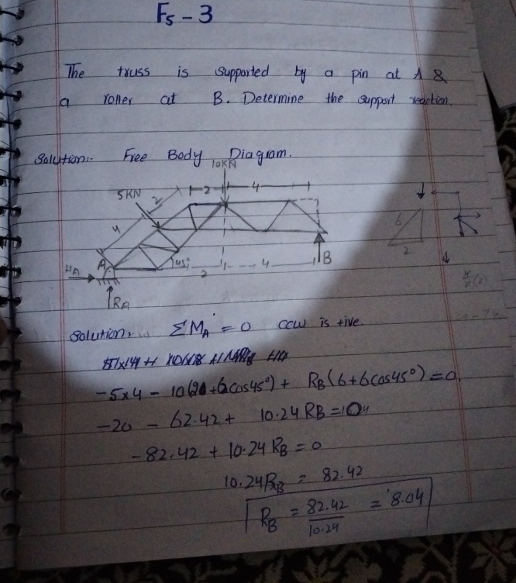 The truss is supported by a pin at A & a roller at B. Determine the suppo..