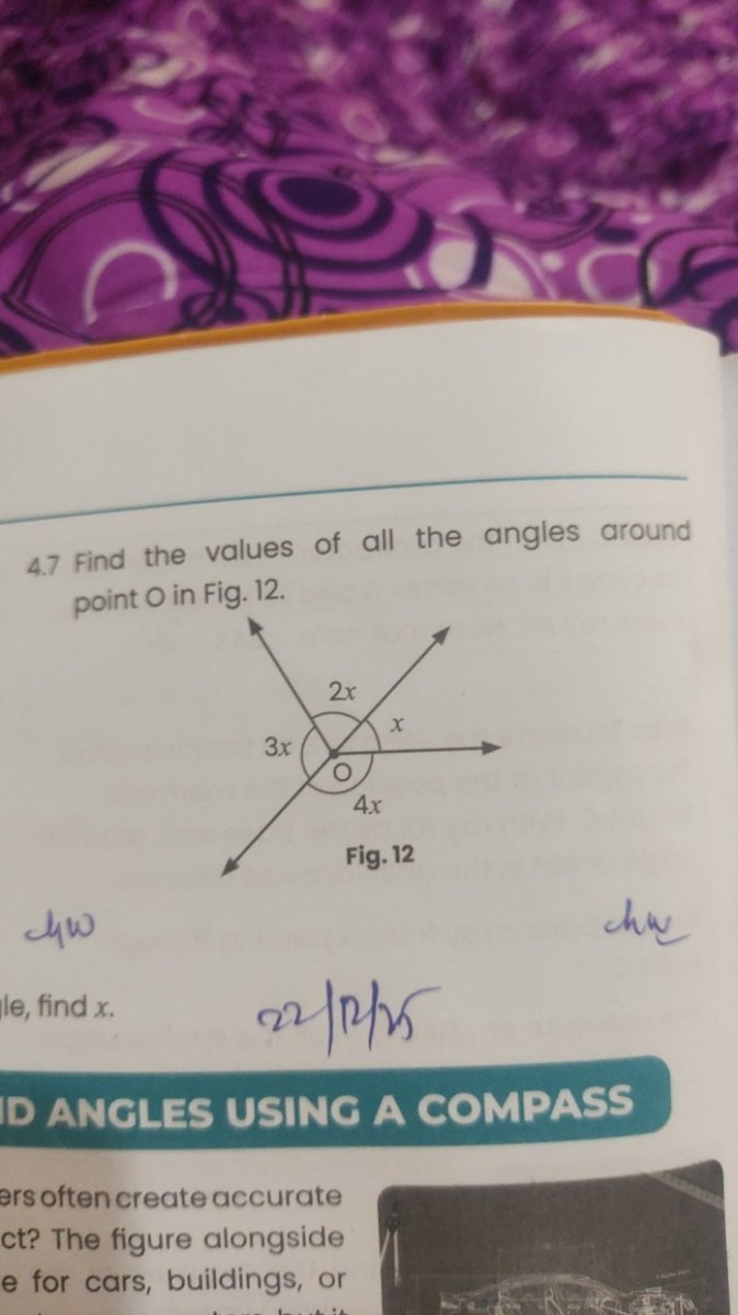 Find the values of all the angles around point O in Fig. 12. (The diagra..