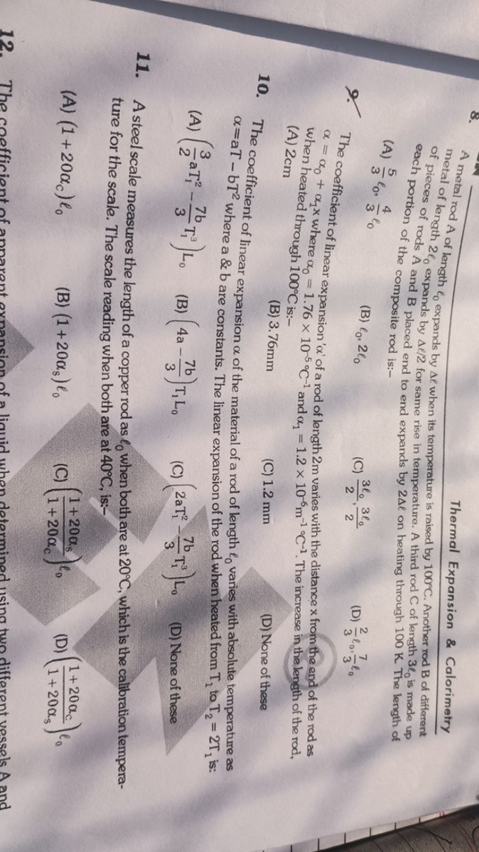 A metal rod A of length l_0 expands by \Delta l when its temperature is r..