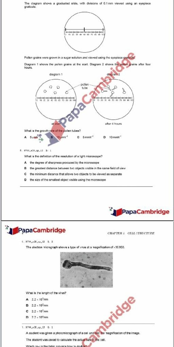 The diagram shows a graduated slide, with divisions of 0.1 mm viewed usin..