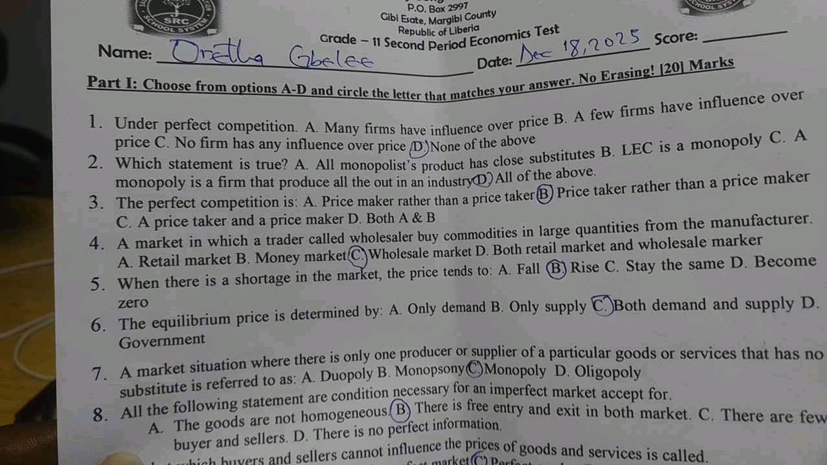 Part I: Choose from options A-D and circle the letter that matches your a..