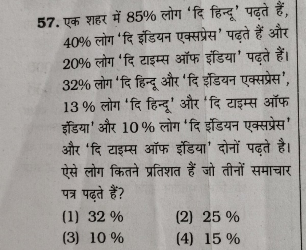 एक शहर में 85% लोग 'दि हिन्दू' पढ़ते हैं, 40% लोग 'दि इंडियन एक्सप्रेस' प..