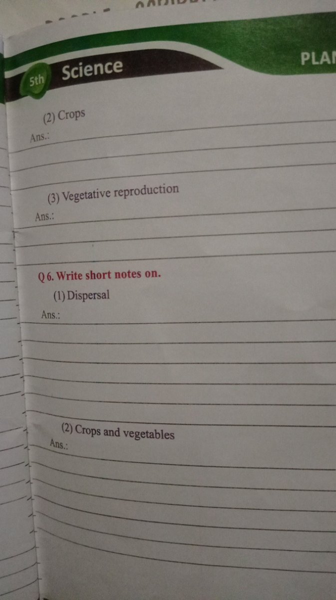 Q6. Write short notes on. (1) Dispersal (2) Crops and vegetables | Filo