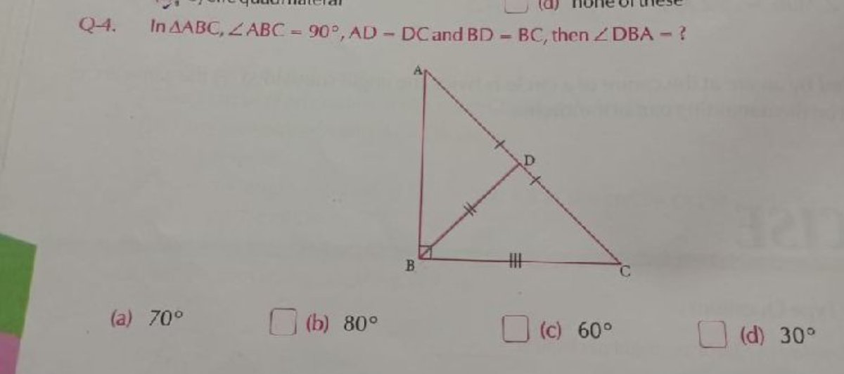 In \triangle ABC, \angle ABC = 90^\circ, AD = DC and BD = BC, then find