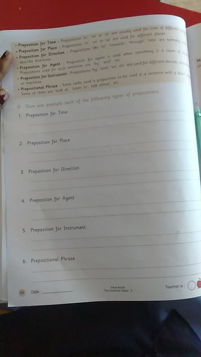 Give one example each of the following types of prepositions. Preposition..