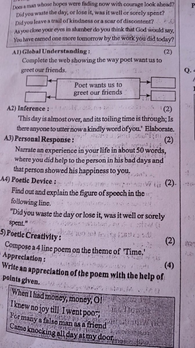 Here are several questions related to a poem: A1) Global Understanding: