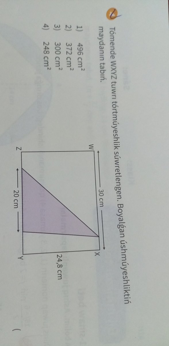 The image shows a rectangle WXYZ. Find the area of the shaded triangle.