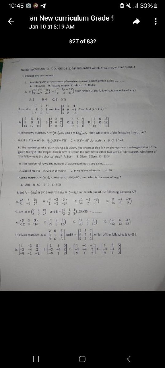 I. Choose the best answer A rectangular arrangement of numbers in rows a..