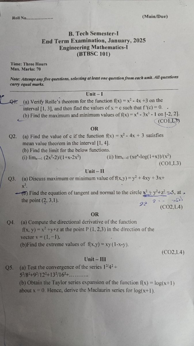 B. Tech Semester-I End Term Examination, January, 2025 Engineering Mathem..