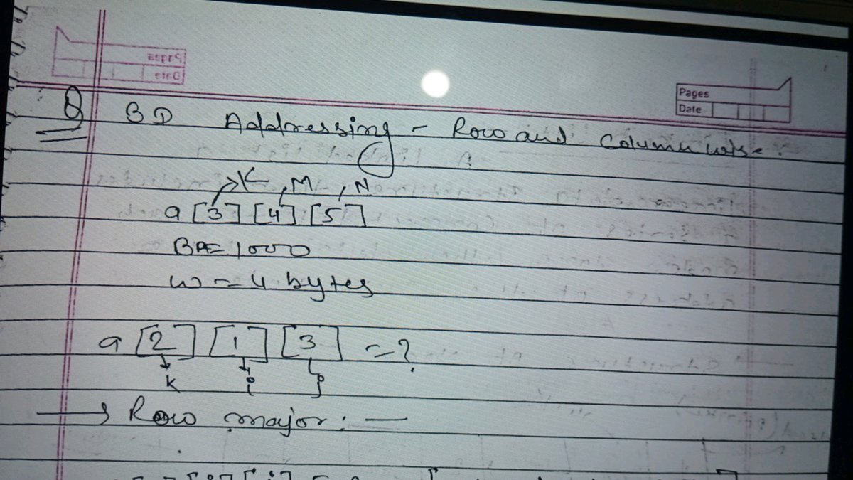 Q. 3D Addressing - Row and Column wise a35] BA = 1000 w = 4 bytes a[2[3..