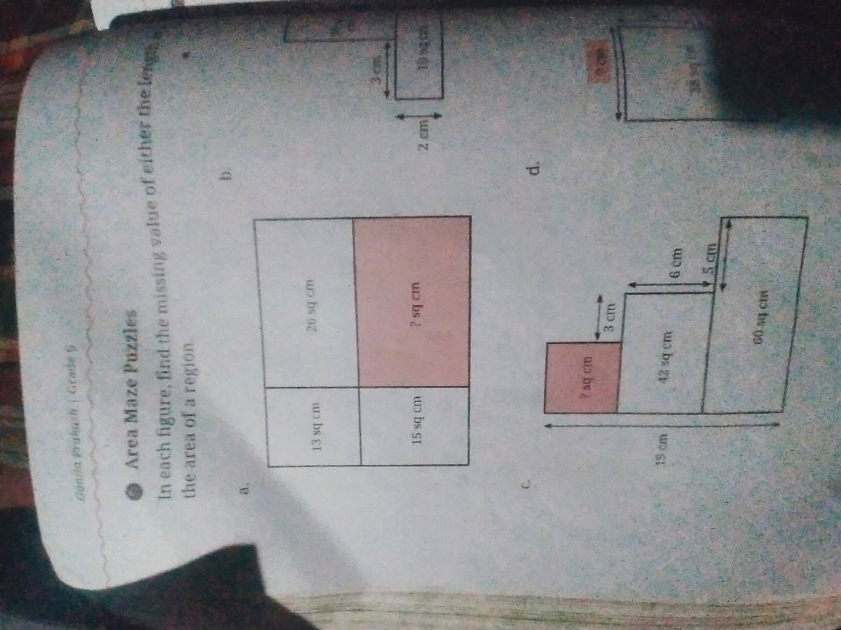 Area Maze Puzzles In each figure, find the missing value of either the le..