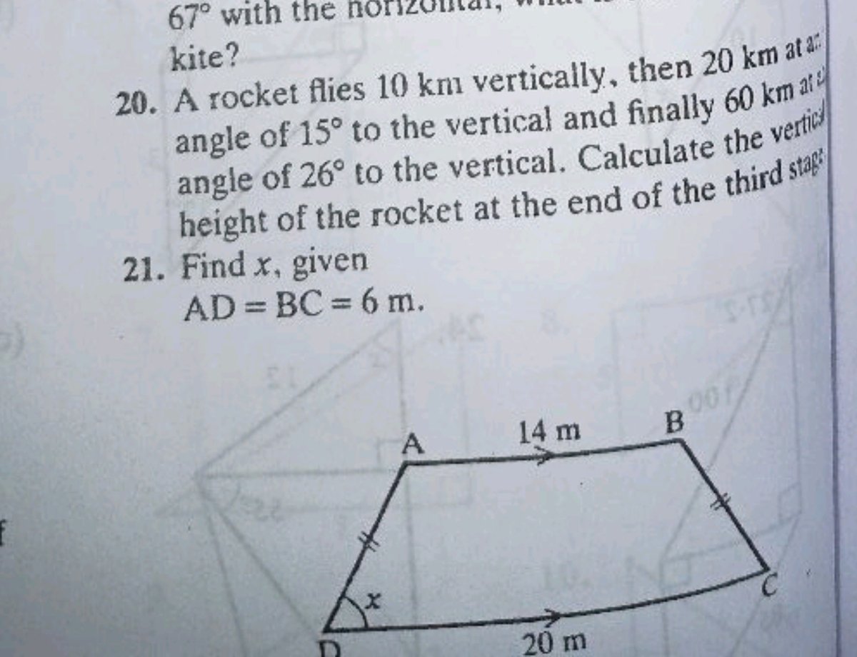 Find x, given AD = BC = 6 \text{ m}. (The question includes a diagram of..