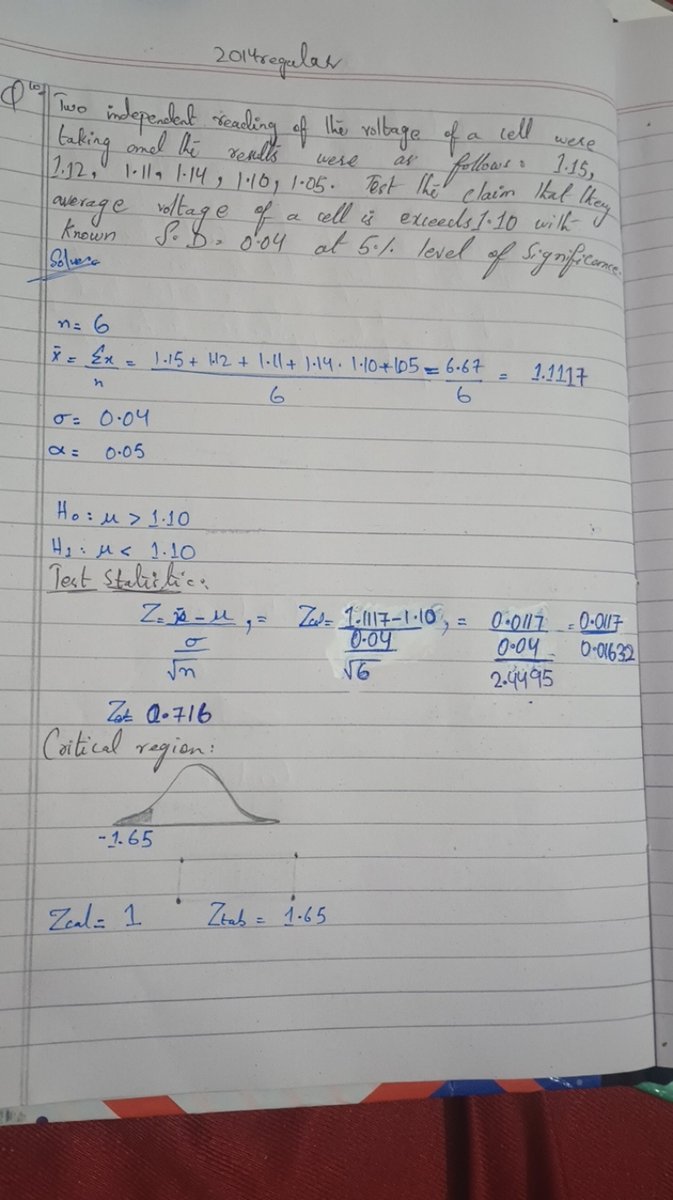 Two independent readings of the voltage of a cell were taken and the resu..