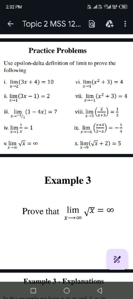 Practice Problems Use epsilon-delta definition of limit to prove the foll..