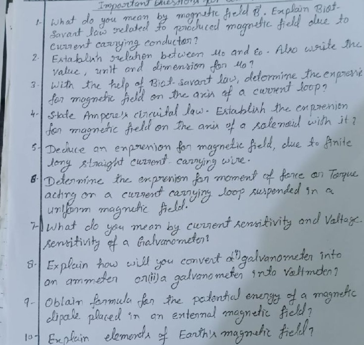 Important Questions: What do you mean by magnetic field B? Explain Biot-..