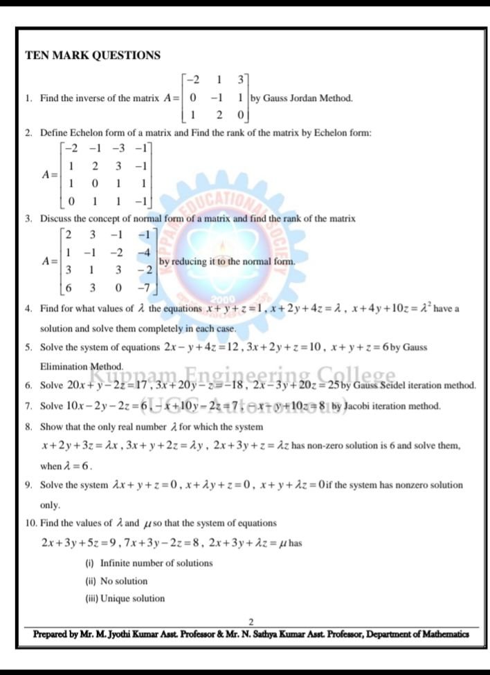 TEN MARK QUESTIONS Find the inverse of the matrix A = \begin{bmatrix} -2..
