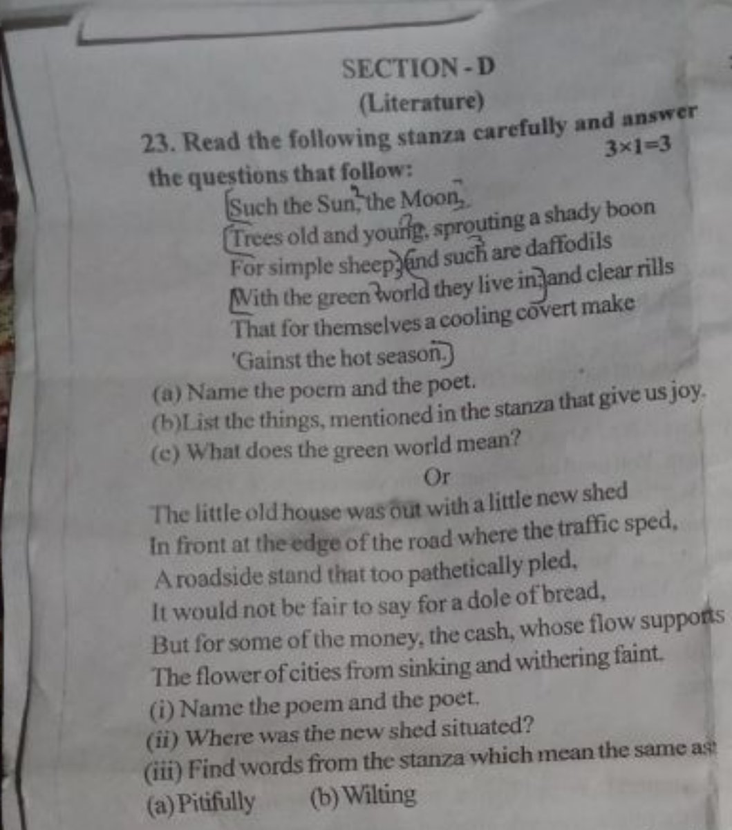 SECTION-D (Literature) Read the following stanza carefully and answer the..