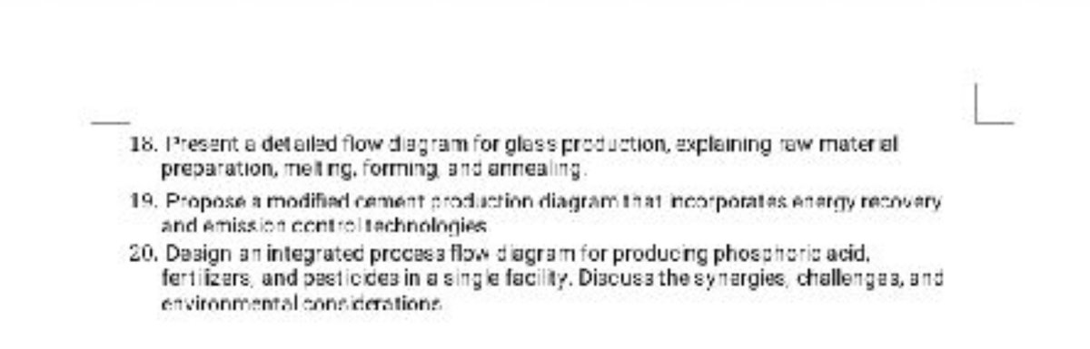 Present a detailed flow diagram for glass production, explaining raw mate..