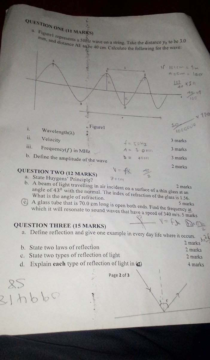 QUESTION ONE (11 MARKS) a. Figure 1 represents a 50Hz wave on a string. T..