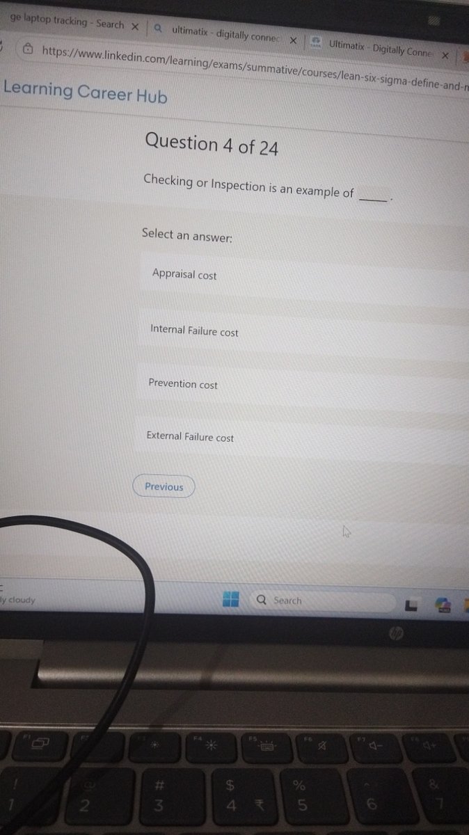 Checking or Inspection is an example of __. Select an answer: Appraisal..